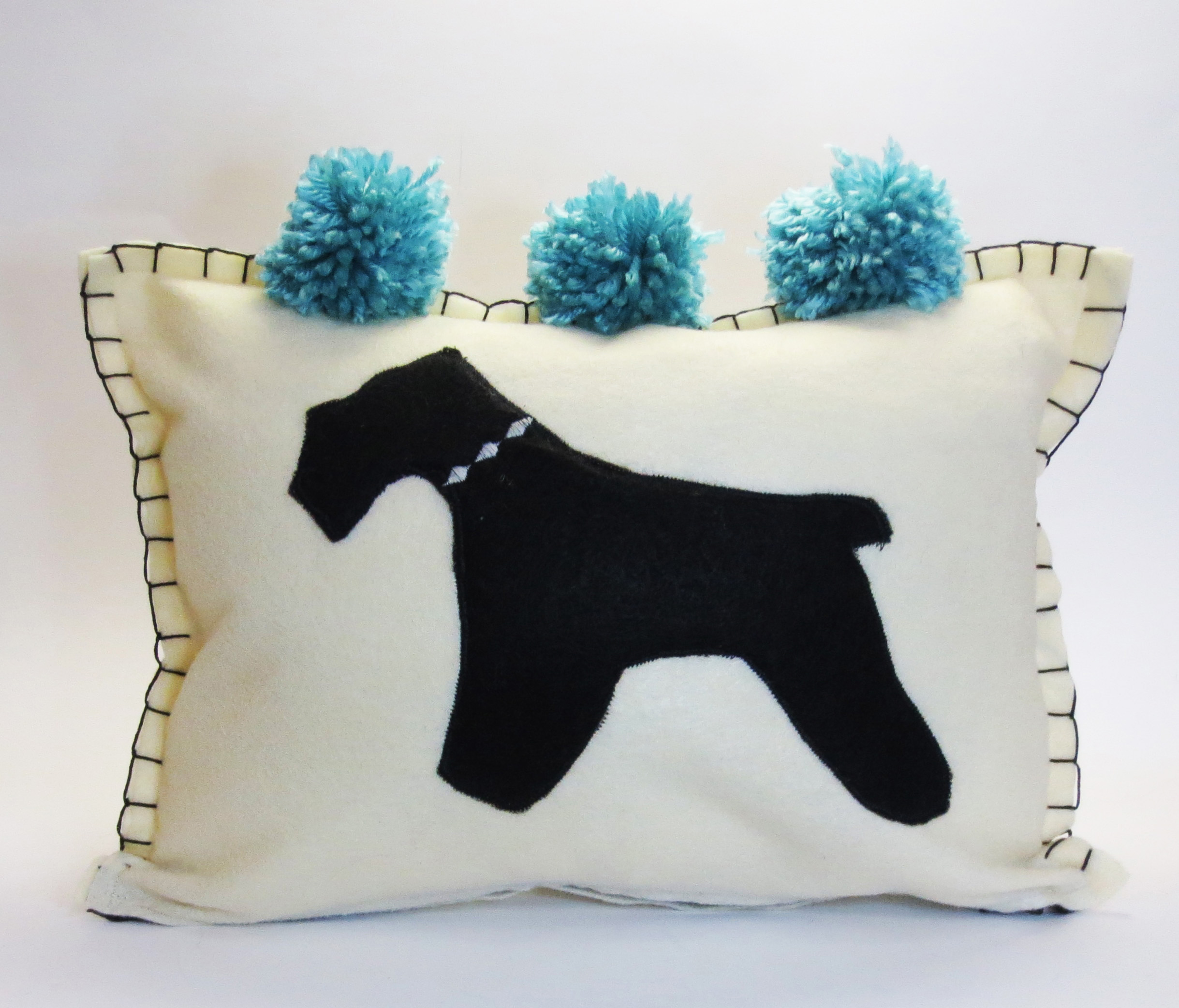 Ivory Felt Silhouette Schnauzer Pillow With Aqua Blue Accents on Luulla